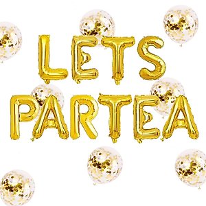 Gold Let's Par Tea Balloons, 16Inch Mylar Balloons For Par Tea Theme Party Decorations, Teapots Teacups Party Supplies