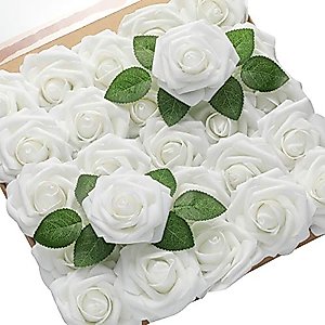 DerBlue 60pcs Artificial Roses Flowers with stem and 10pcs Green Leaves Real Looking Fake Roses Artificial Foam Roses Decoration DIY for Wedding,Arrangements Party Home Decorations