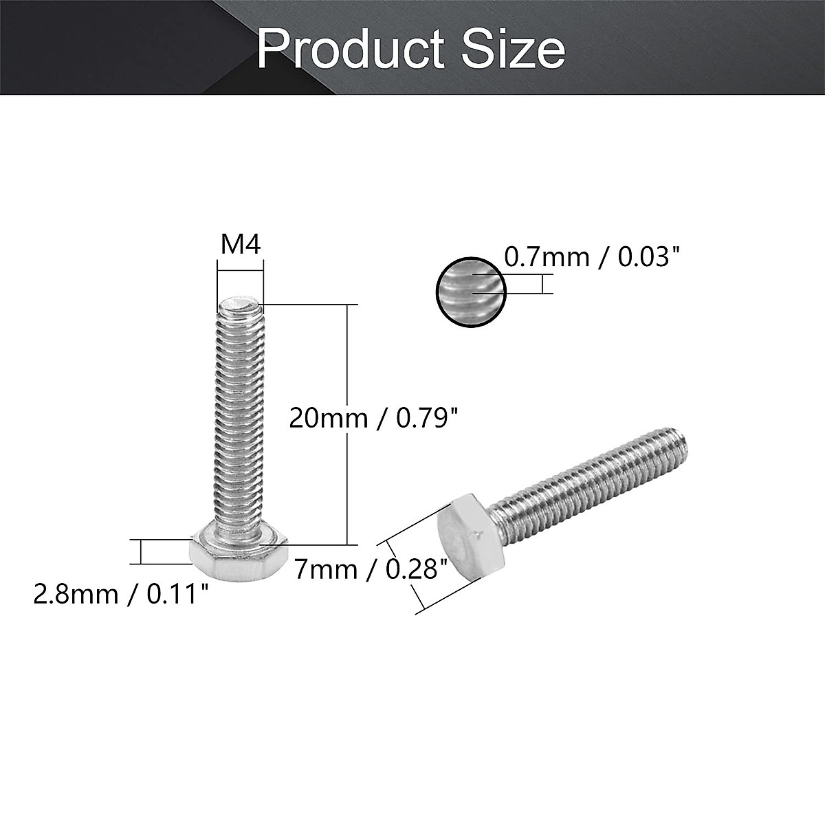 MroMax 20Pcs M4 x 20mm Hex Head Screws Bolts, 304 Stainless Steel 18-8, Fully Threaded, External Hex Drive, for Mounting Chair, Handles, Rail, Pump, Wheels, Antenna Parts, Boat and Plastic Bumpers