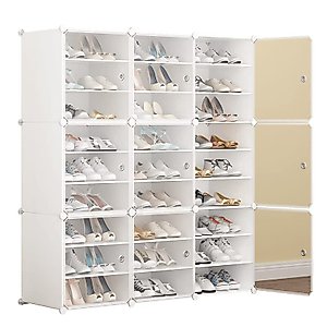 12Pcs 3-Layer Shoe Storage Box, Foldable Shoe Organizer Boxes Capable of holding 72 Pairs, White Plastic Closet Shoe Organizer with Transparent Cover, Free Standing Shoe Rack Easy Assembly Expandable for High Heels, Boots