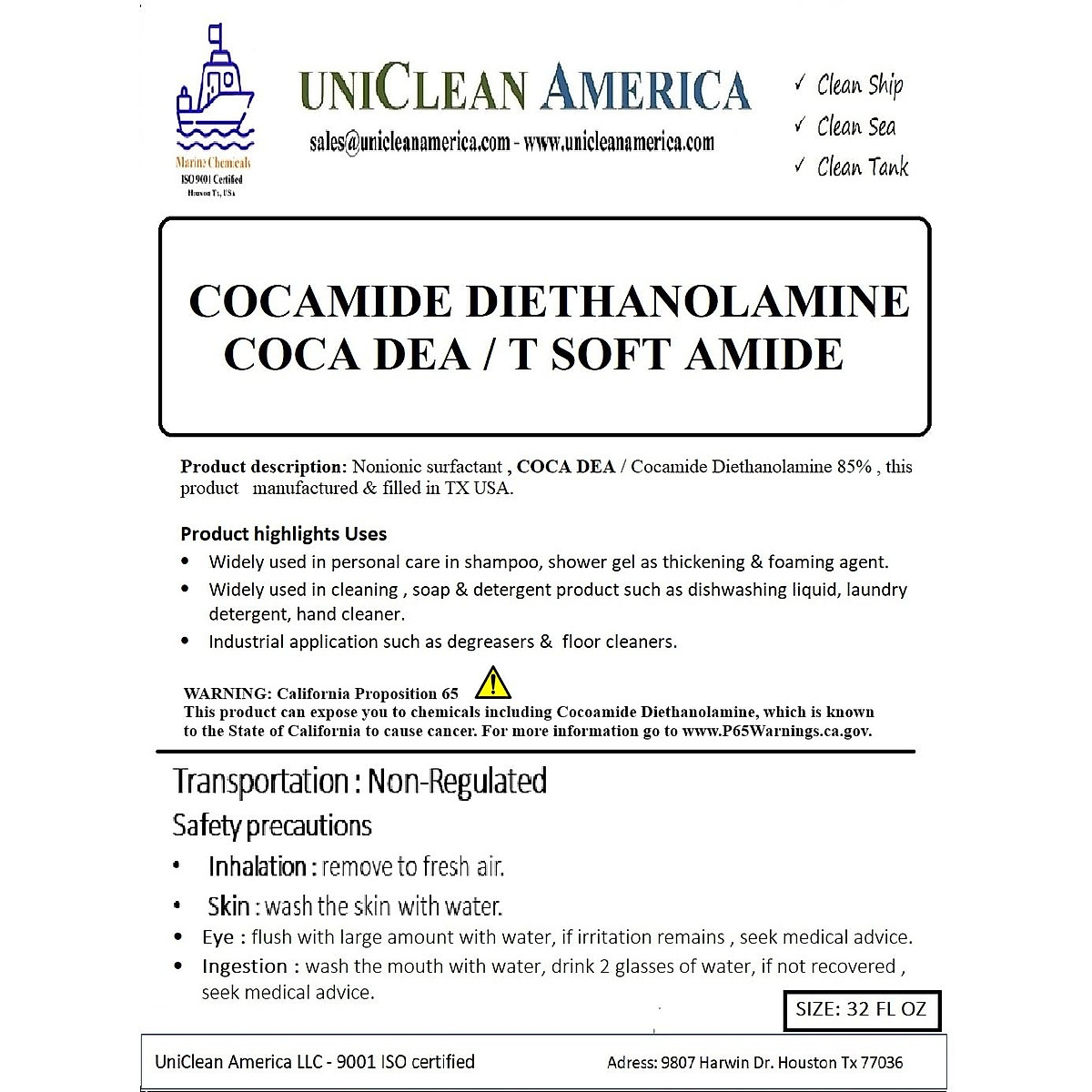 Cocamide Diethanolamine - COCA DEA - Cocamide DEA 85% - UniClean America - Made in USA - Size: 16 fl oz