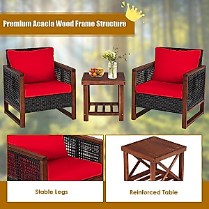 LDAILY 3 Pieces Patio Furniture Set, Rattan Outdoor Front Porch Chairs with Wood Coffee Table & Cushion, Comfy Wicker Conversation Patio Set for Movie Seating, Balcony, Garden, Poolside (Red)