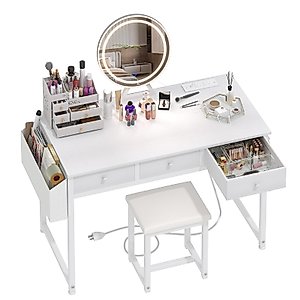 Lufeiya White Makeup Vanity Desk with Mirror and Lights, 40 inch Make Up Vanity Desks with Fabric Drawers & Power Outlet, Dressing Table and Chair Set for Girls Bedroom, White