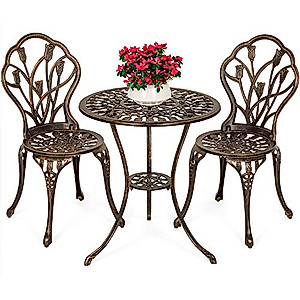 Best Choice Products 3-Piece Outdoor Rust-Resistant Cast Aluminum Patio Bistro Set w/Tulip Design, Antique Finish - Copper