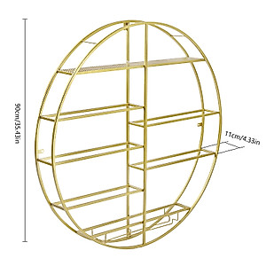 Headery 7 Tier Round Iron Wall Wine Bottle Holder, Wine Storage and Display Rack,Bar Liquor Shelves Shelf with 4 Glass Holder for Kitchen, Party, Bar, Dining Room(Black/Gold (Gold)