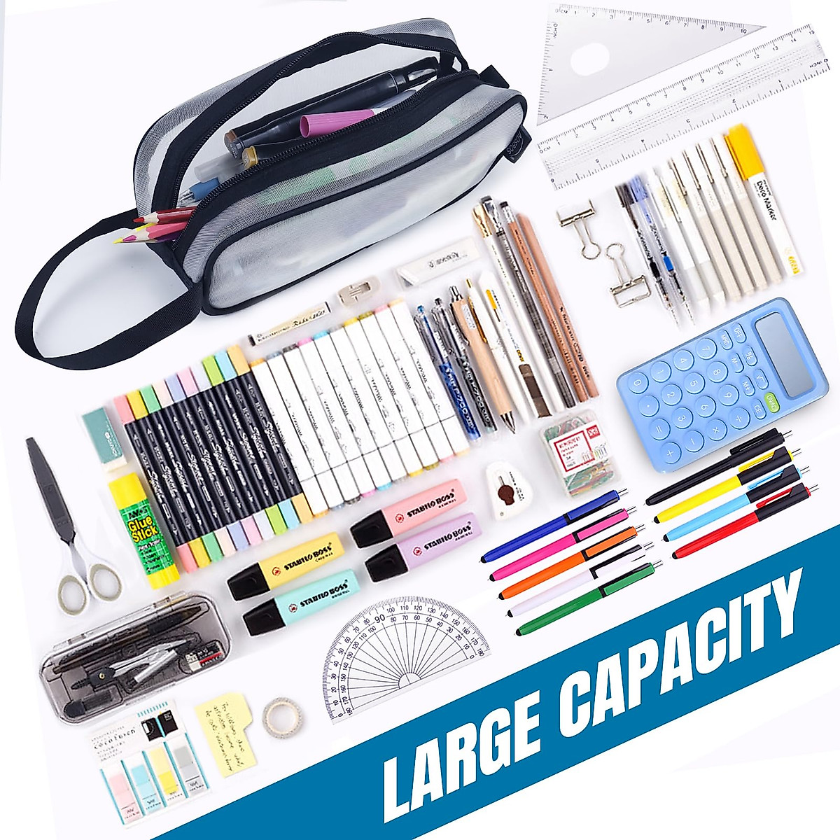 Aosbos Mesh Pencil Case, Clear Pencil Pouch Pencil Bags, Transparent Pen Holder Bag, Multi-Purpose Organizer Box with Portable Strap, White and Black