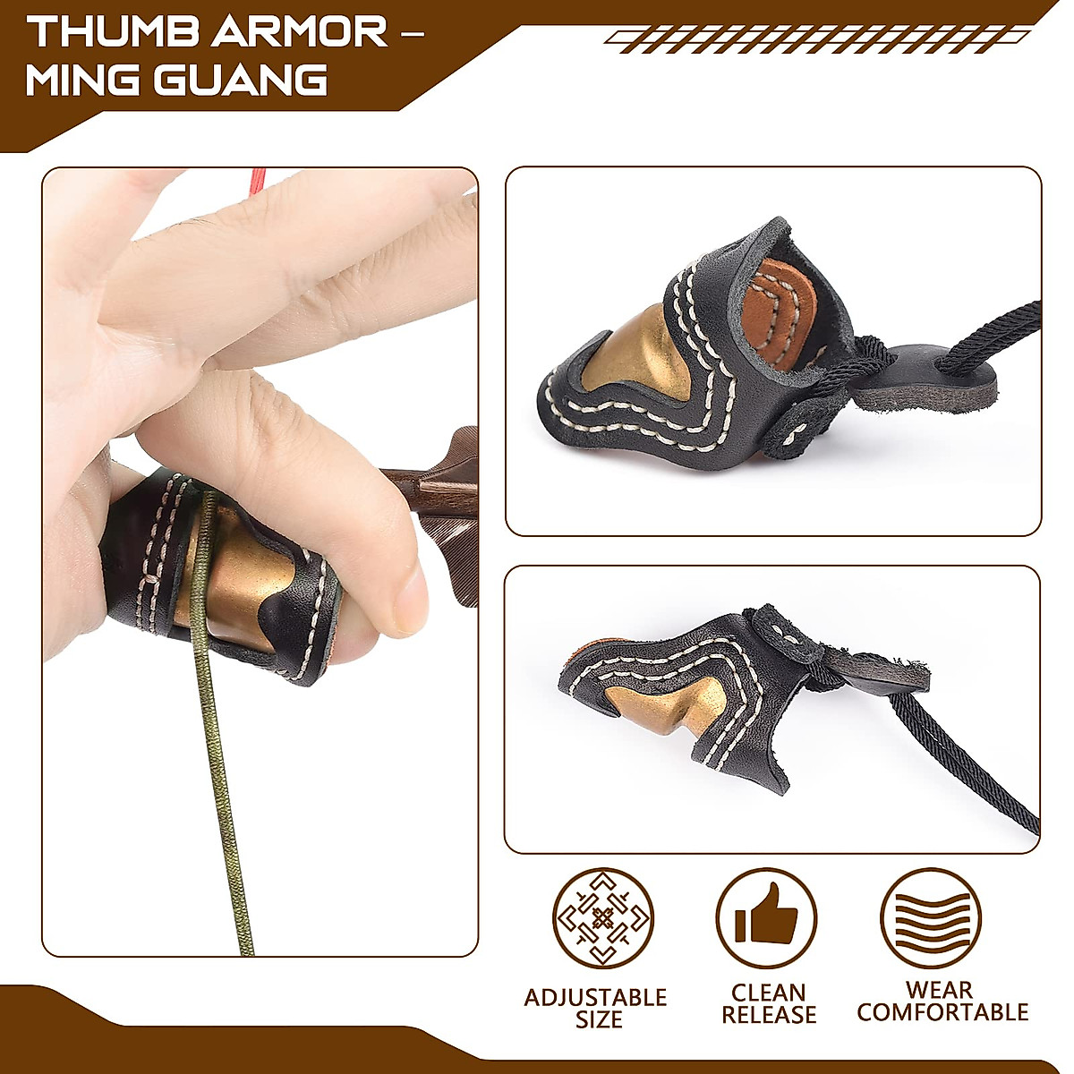 Elong Soft Leather & Brass Thumb Armor Ming Guang Archery Thumb Ring for Traditional Reurve Bow Finger Guard Protector Shooting Glove