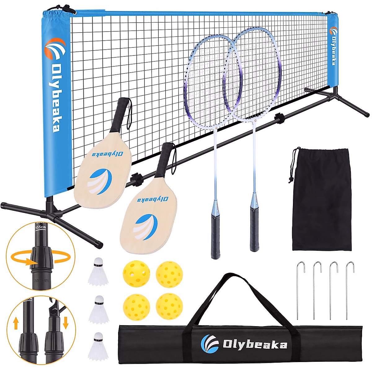 Olybeaka All-in-one Portable Badminton Net Pickleball Net Height Adjustable Kids' Volleyball Net Set for Backyard Beach Driveway Include 4 Aluminum Badminton Rackets + 2 Pickleball Paddles (10 ft)