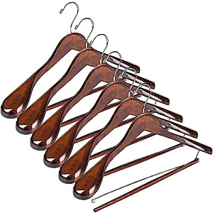 Wide Shoulder Wooden Hangers 6 Pack Non Slip Pants Bar, Smooth Finish Wood Suit Hanger for Men and Women Coat Hangers for Closet, Suit, 360° Swivel Hook, for Dress, Jacket, Heavy Clothes Hangers