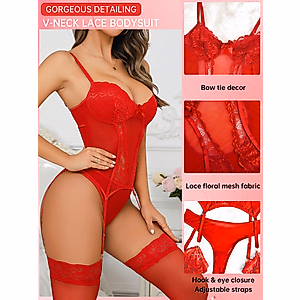 ssyyx Women's Sexy Lingerie Set with Garter Belt Lace Bodysuit Teddy Baby Dolls Panty with Stockings