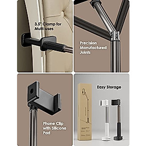 SupeDesk Extendable Cell Phone Stand, C-clamp, Lazy Phone Stand, for 3.5-6.7" Phone, Lying in Bed, Height Angle Adjustable, 360 Rotate, Aluminum Alloy, Lightweight, Black