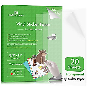 MECOLOUR Premium Printable Vinyl Sticker Paper Transparent 20 Clear Sheets, No-waterproof, Vivid Colors, Tear Resistant - for Any Inkjet Printer