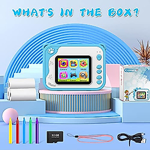 USHINING Instant Print Camera for Kids, 12MP Digital Camera for Kids Aged 3-12 Ink Free Printing 1080P Video Camera for Kids with 32GB SD Card,Color Pens,Print Papers (Blue)
