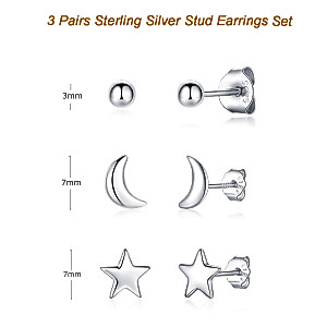 Bestwick Silver Stud Earrings for Women Girls Teenage, 3 Pairs 925 Sterling Silver Cute Round Ball Star Moon Stud Earrings, Hypoallergenic Small Cartilage Tragus Studs Earrings Set