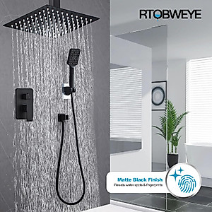 RTOBWEYE 8 Inch Shower Faucet Set High Pressure Rainfall Shower System Ceiling Mount Square Rain Shower Head with Handheld Spray Combo Ceiling Luxury Rainfall Shower Fixtures Matte Black (3-Setting)