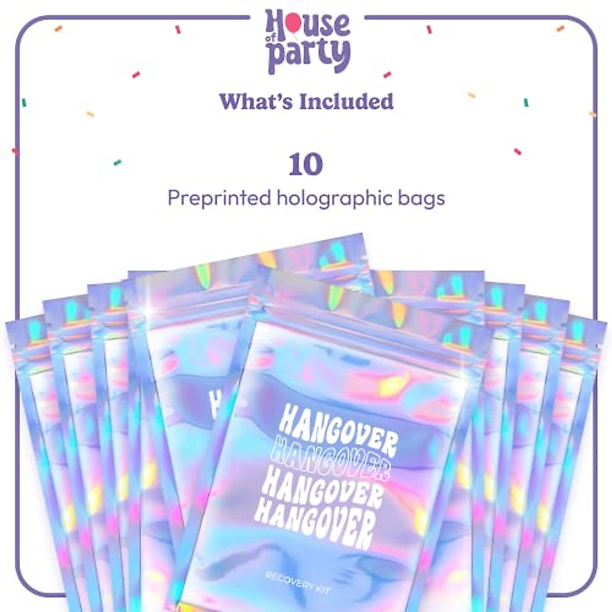 HOUSE OF PARTY Hangover Recovery Kit Bags - (4"x6") 10pcs Bachelorette Wedding Hangover Kit Supplies Hangover Gift Bags Printed Holographic Bags