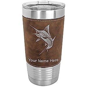 LaserGram 20oz Vacuum Insulated Tumbler Mug, Marlin Fish, Personalized Engraving Included (Faux Leather, Rustic)