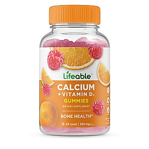 Lifeable Calcium 500 mg with Vitamin D3 1000 IU Gummies - Great Tasting Natural Flavor Vitamin Supplement - Gluten Free GMO-Free Chewable - for Bone Strength - for Adults, Man and Women - 60 Gummies