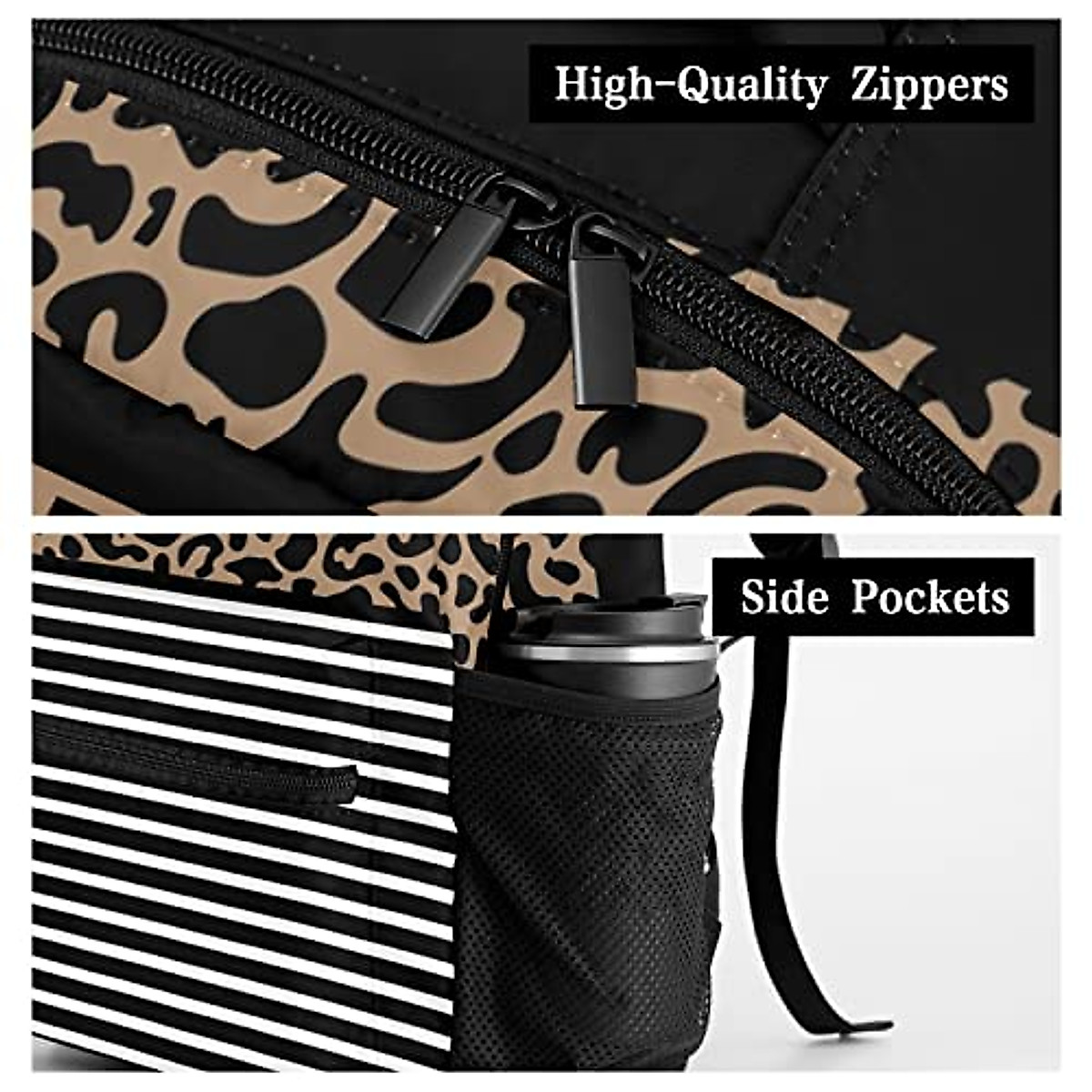 Custom Kid Backpack, Black White Striped Leopard Personalized School Bookbag with Your Own Name, Customization Casual Bookbags for Student Girls Boys