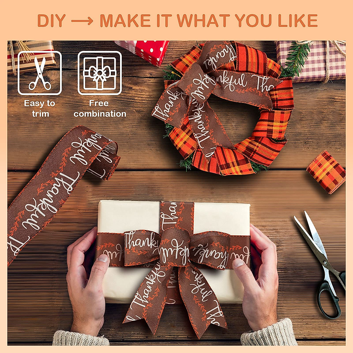 Fall Wired Ribbon,2 Rolls Thanksgiving Pumpkin Ribbon,10 Yards 2.5In Autumn Pumpkins Wired Edge Ribbon,DIY Wired Wrapping Craft Ribbon for Home Thanksgiving Decor Wrapping DIY Crafts (Thanks-Lattice)