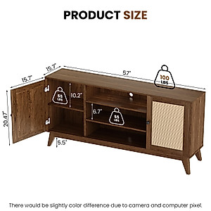 AWQM Rattan TV Stand for 65 Inch TV, TV Console Table with 2 Rattan Doors, Modern Entertainment Center with Storage Cabinet and Open Shelves, for Living Room, Bedroom, Walnut