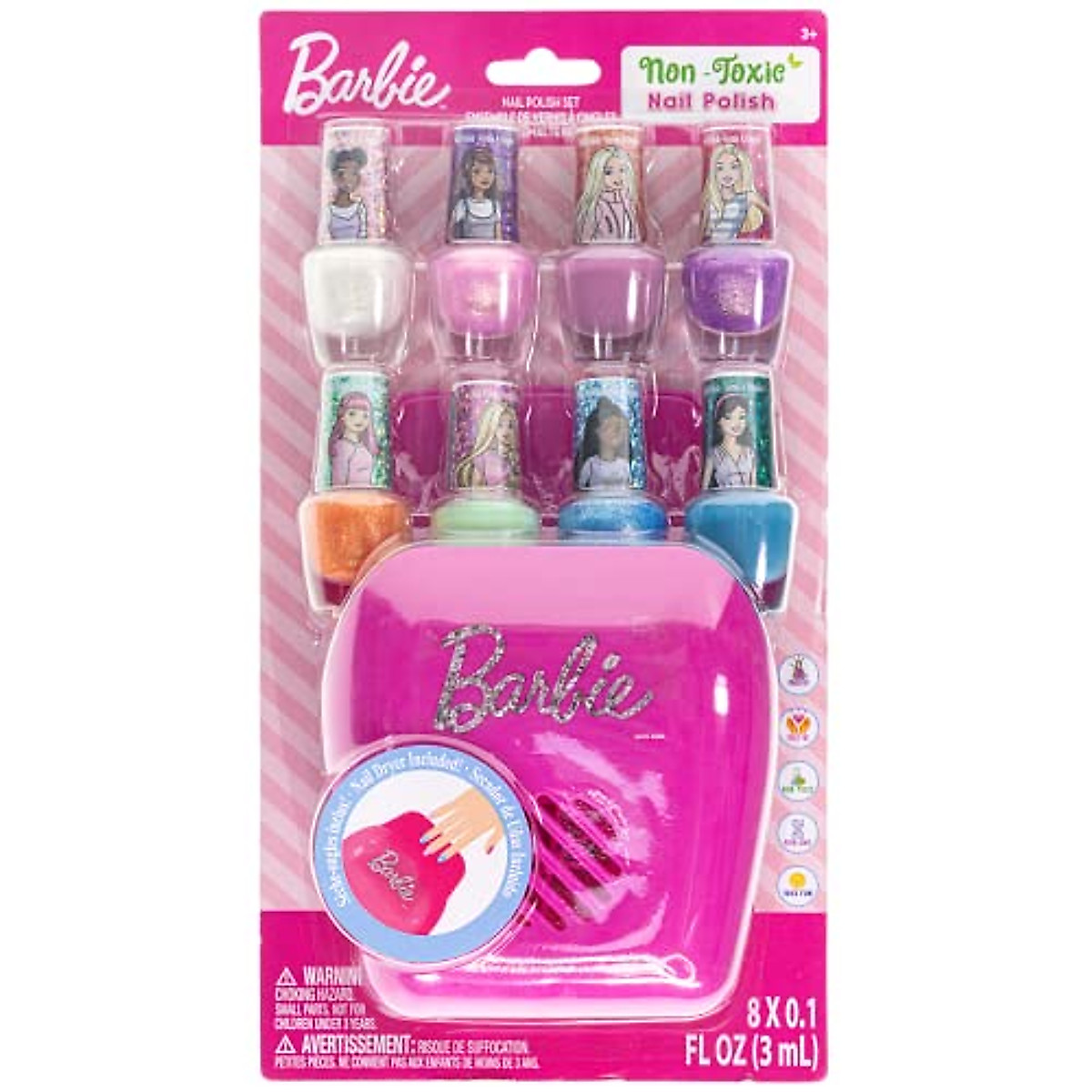 Townley Girl Barbie Non-Toxic Peel-Off Water-Based Safe Nail Polish Set with Nail Dryer for Kids, Batteries Not Included, Ages 3 and Up