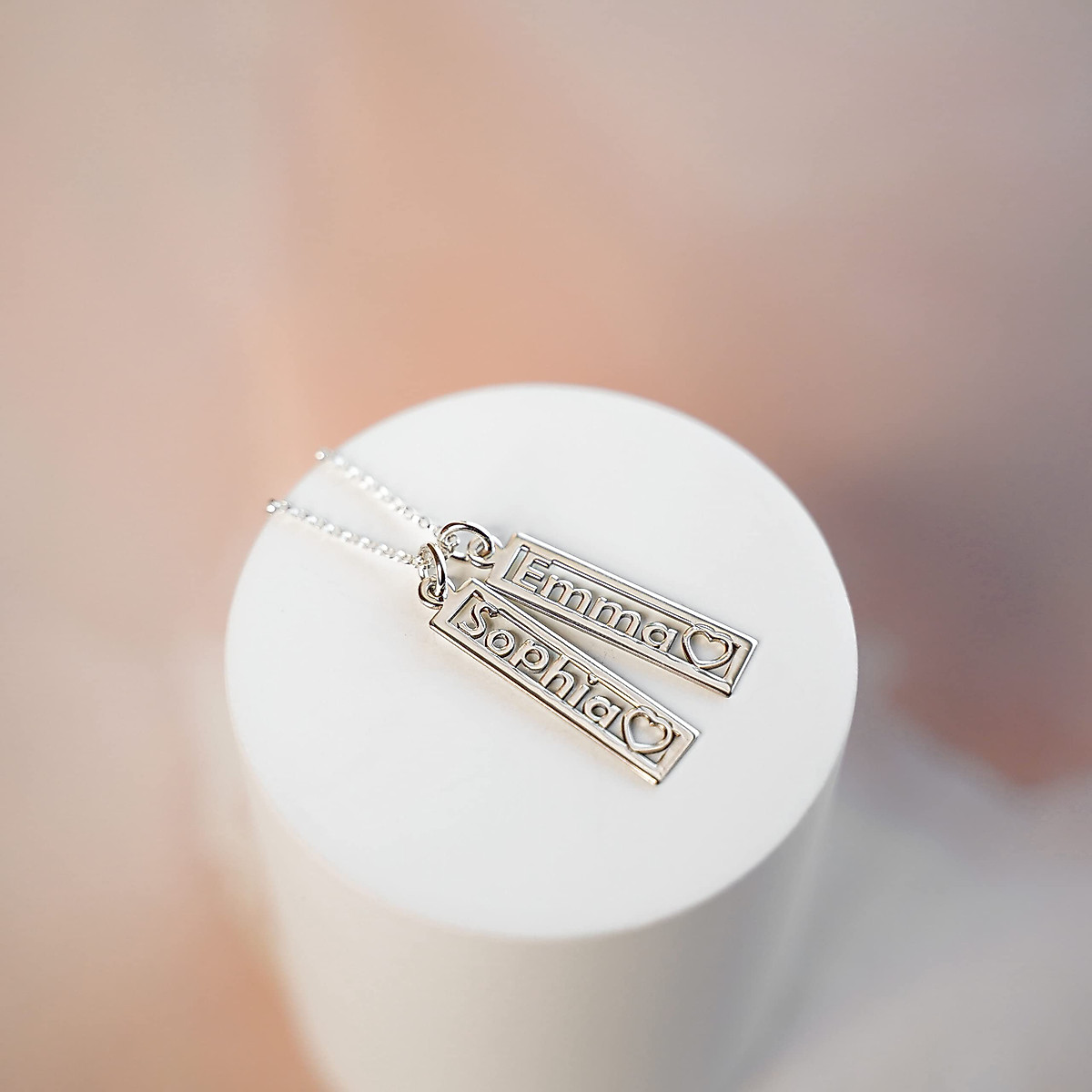 Personalized Double Open Name With Heart Cut Out Rectangle Sterling Silver Charm Necklace. Customize two rectangle charms. Choice of Sterling Silver Chain. Shiny, elegant, classy. Gift for Her