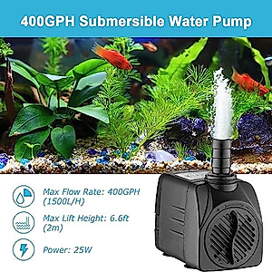 LYQILY 400GPH Ultra Quiet 1500L/H 25W Submersible Water Pump with 6.6ft High Lift for Fountains, Hydroponics, Ponds, Aquariums, Fish Tank