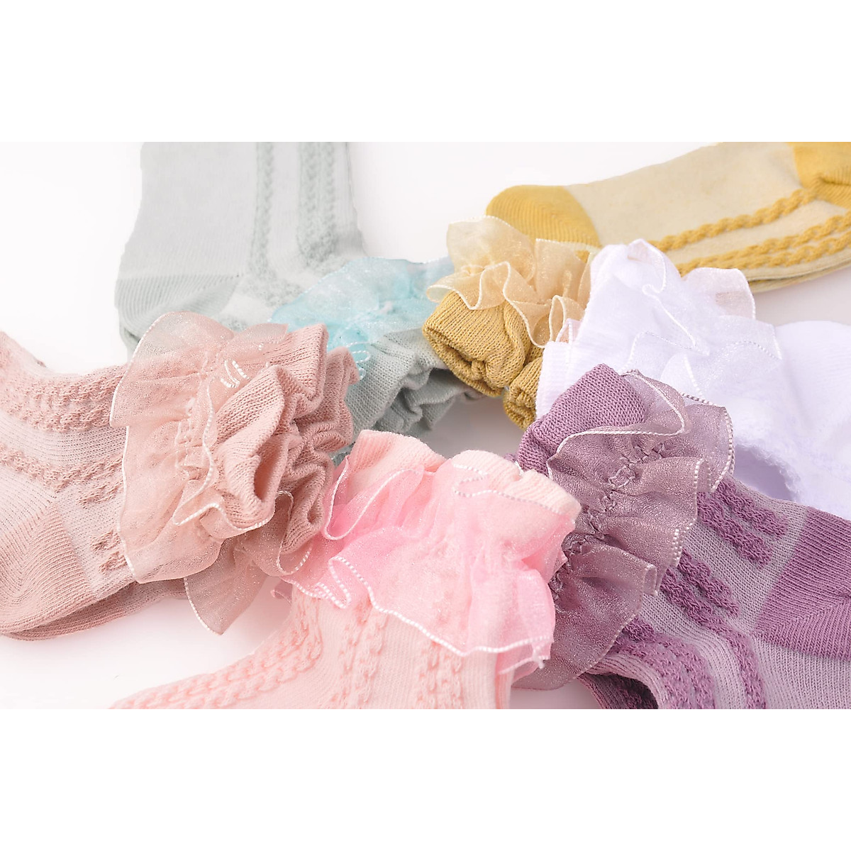 Mini angel Girls Ruffle Socks Frilly Lace Socks Cable Knit Princess Dress Socks for Toddler Girls 2-4 Years, 3 Pairs (White, S)