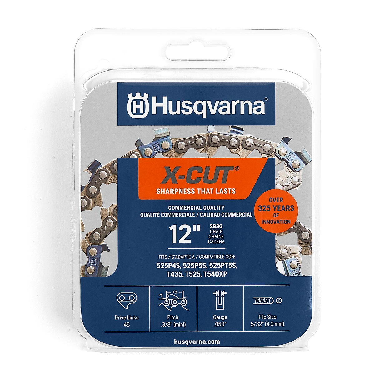 Husqvarna X-Cut S93G 12 Inch Chainsaw Chain, 3/8" Mini Pitch, 050" Gauge, 45 Drive Link Chainsaw Blade Replacement, Pre-Stretched and Low Kickback, Gray