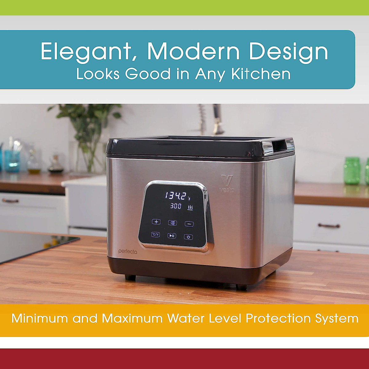 Sous Vide Water Oven by Vesta Precision - Perfecta | Powerful Pump Design | Accurate Temperature | Touch Panel or Wi-Fi App Control | Max/Min Water Level | 650 Watts | 10 Liter Capacity