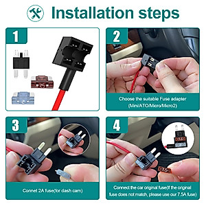 Range Tour Dash Cam Hardwire Kit Mini USB,12V-24V to 5V 2.5A Car Dash Camera Charger Power Cord, 3 cores, 4 Types / 8 adapters and 6 fuses, Hard Wire Kit Fuse for Dash Cam