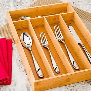 13 x 10 x 1.9 Inch Silverware Tray, 1 Durable Cutlery Tray - 5 Compartments, Shatterproof, Natural Bamboo Utensil Tray, Chip-Resistant, For Knives, Forks, And Spoons - Restaurantware