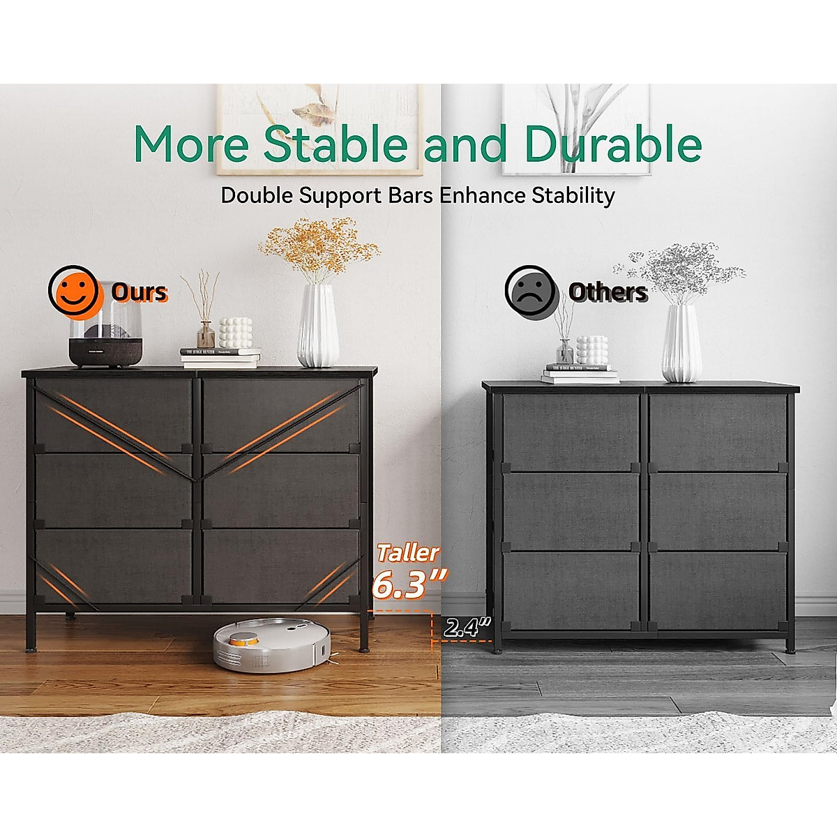 AODK Dresser for Bedroom Dresser TV Stand with 6 Storage Drawers, Small Fabric Dresser Chest of Drawers for Closet Organizer Clothes, Black