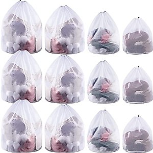 12 Pcs Mesh Laundry Bag with Drawstring White Heavy Duty Mesh Bag Machine Washable Sheet Drawstring Bag Net Wash Bag Laundry Washing Bag for Delicates College Dorm (Fine Style)