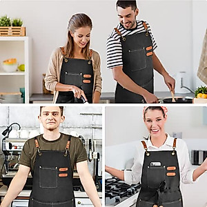 OUNLEN Chef Apron for Men Women Canvas Aprons with 3 Pockets Cross Back Resistant Work Apron for Cooking Grilling Baking BBQ Barber Kitchen (Black)