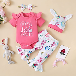 Aslaylme Newborn Girl Easter's Day Clothes Baby Easter Egg Flare Pant Outfit My 1st Easter's Day Bodysuit (Pink-1st,0-3 Months)
