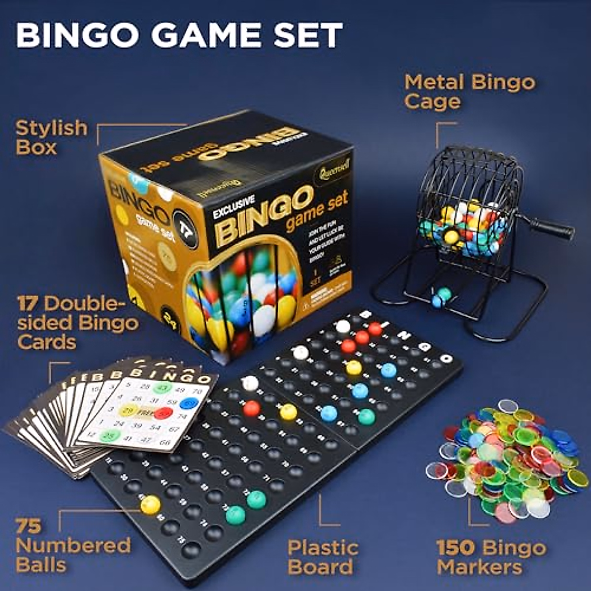 Bingo Game for Adults and Kids– Family Bingo Game Set with Bingo Cards, 150 Bingo Chips and Metal Bingo Cage – Perfect Board Game for Large Groups