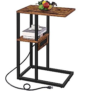 TUTOTAK C Shaped End Table with Charging Station, Side Table with 2 USB Ports and Outlets, Snack Table for Couch and Bed, Small Sofa Table for Small Spaces, Living Room, Bedroom TB01BB043