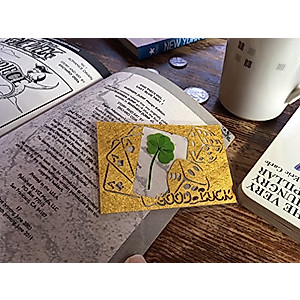 KIN-HEBI Real Four Leaf Clover, Preserved, Laminated Card, Gold Version, Cutting Picture “Good Luck & Cards Dices”, 3.54” x 2.36”