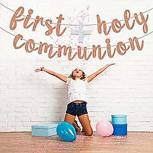 First Holy Communion Banner - Boy/girl Baptism Bunting Sign, Religious Banner for Baby Shower Banner Party Decorations Supplies(Rose Gold and Sliver)
