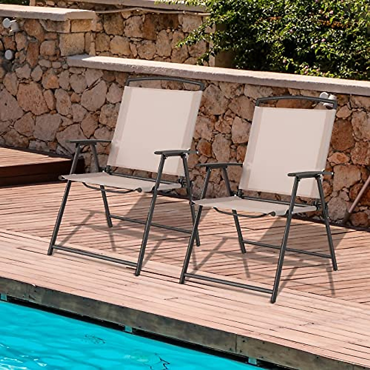 Giantex Set of 2 Patio Folding Chairs - Outdoor Sling Chairs with Armrests and Rustproof Steel Frame, Patio Dining Chairs with Breathable Fabric for Garden, Backyard Poolside Indoors, No Assembly (1)