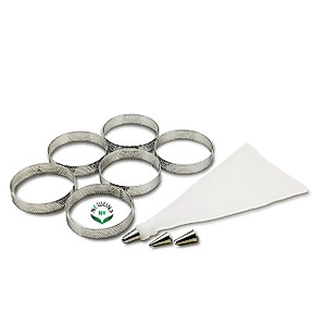 Newline NY Stainless Steel French Pastry Tart Ring Baking Kit - 6 Perforated Round Dessert Rings + 3 Nozzles + 1 Sample Decorating Piping Bag Kit