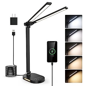 MOOKCCOS Double Head LED Desk Lamp with USB Charging - 5 Color Modes, Memory Function - Ideal for Home Office Desk Lamp, Multi-Angle Adjustable and Foldable Design Table Lamp- Black
