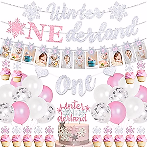 Winter Onederland Birthday Party Decorations Girl Pink Wonderland Snowflake 1st Birthday Party Supplies with Snowflake Photo Banner Winter Onederland Banner Cake Topper