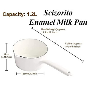 Scizorito 1.2L Enamel Milk Pan, Nonstick Milk Pot with Pour Spouts, Even Heat Conduction, Easy to Cook and Clean, Enamel Pot for Home Kitchen or Restaurant White