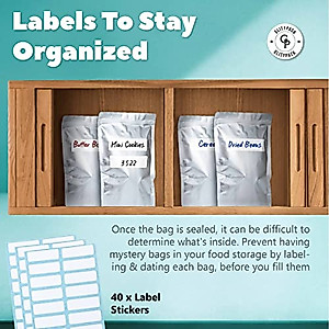 25 Mylar Bags with 25 Oxygen Absorbers - Large 1 Gallon Gusseted Bag 40 Labels for Food Storage - 5mil Resealable Packaging with Food Grade Absorber To Keep Out Moisture, Light & Oxygen for Long Storage