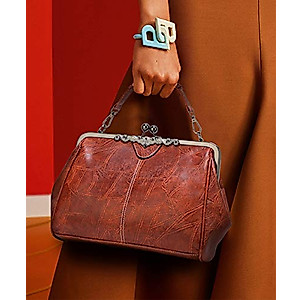 RainboSee Women Retro Kiss Lock Handbag Purse Oil Wax PU Small Tote Satchels Shoulder Crossbody Bag Black