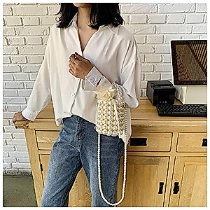 Abvokury YUSHINY Beaded Handbag for Women White Pearl Decoration Evening Bags with Detachable Chain Inner Bag Medium