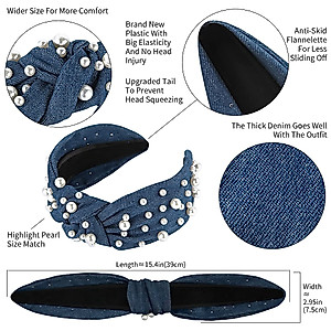 QIANXUAN Cloth Headbands Tie For Women Top Knot Headband With Pearls Denim Headband For Girls Hair Wide Beads Bow Glam Thick Fashion Hairband